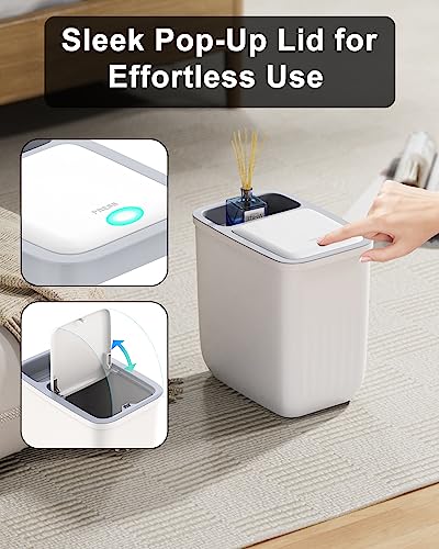 Runsand 3 Pack Small Bathroom Trash Can with Pop-Up Lid, 1.8Gal Slim Trash Bin with Storage Grid Lid, 7L Garbage Can Waste Basket for Bedroom, Laundry Room, Office, Dorms with White-Gray Colors