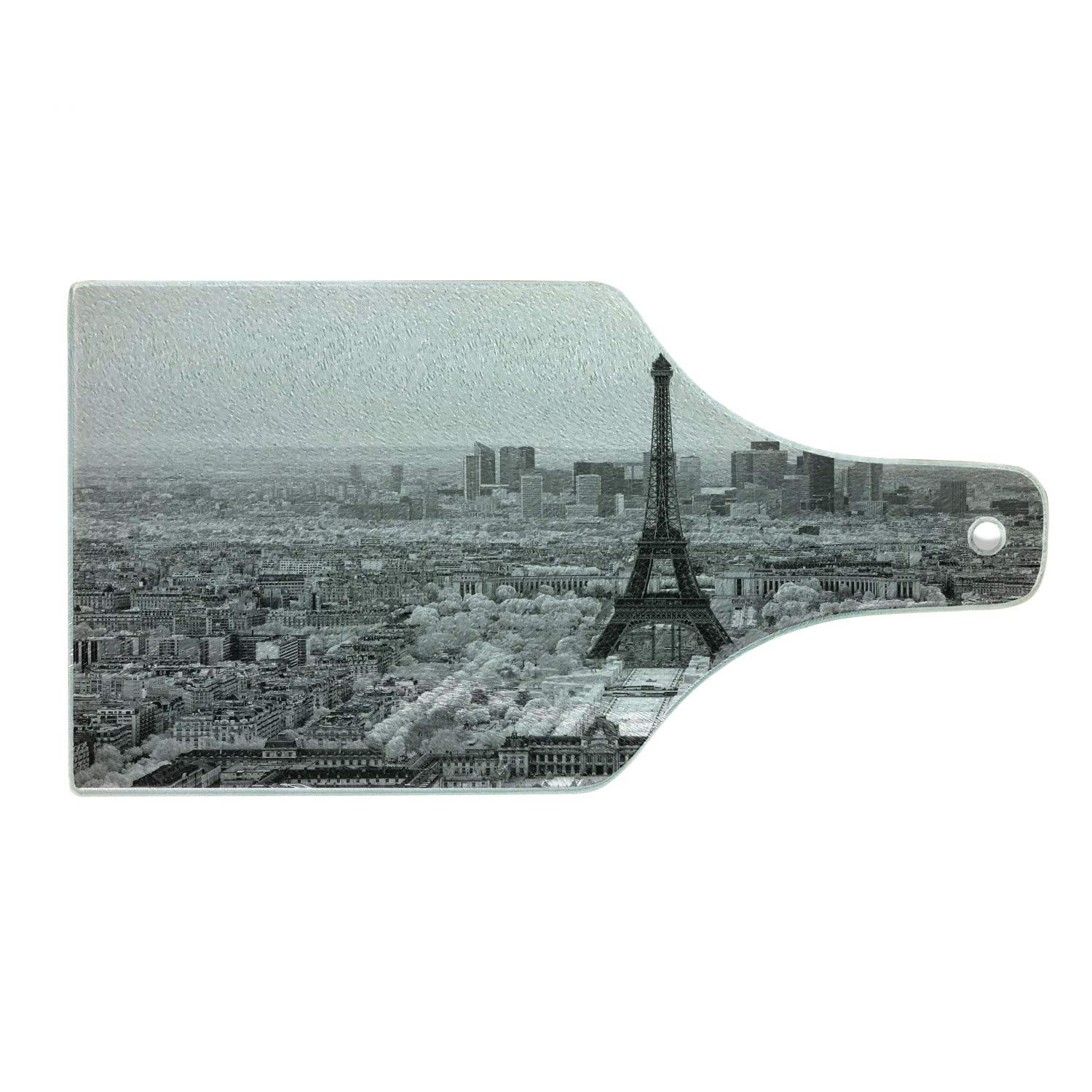 Lunarable Eiffel Tower Cutting Board, Eiffel Tower Paris City Structure Morning Scenic Monochrome Urban View, Decorative Tempered Glass Cutting and Serving Board, Wine Bottle Shape, Pale Grey