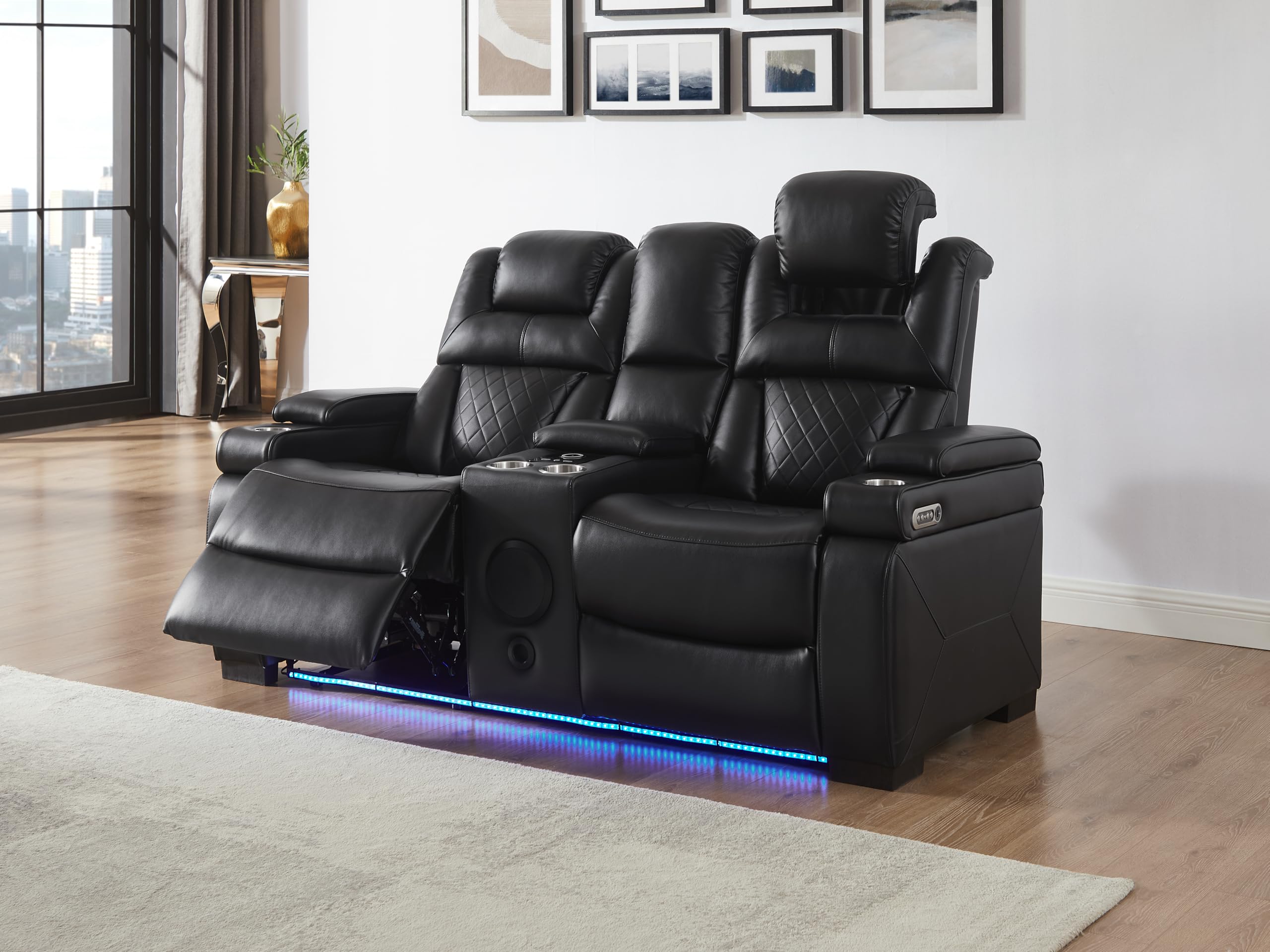 THSUPER Power Breathable Leather Reclining Sofa Set with LED Light, Home Theater Seating Recliner Couch with Adjustable Headrest/Reading Light/USB Port/Wireless Charing/Bluetooth Speaker, Black