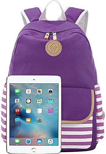 Sugaroom Canvas School Backpack for Girls Teen Laptop Bag Travel Bag Bookbag Daypack with Lunch Box (Purple 3PCS)