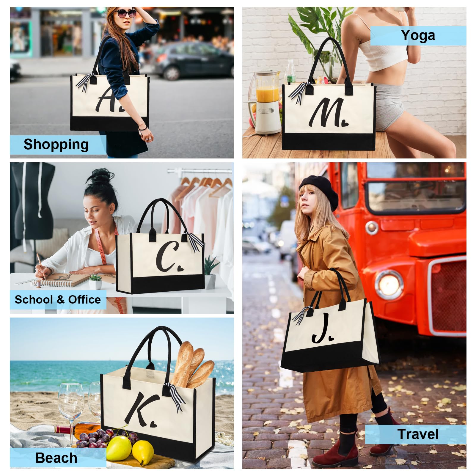shenee Initial Canvas Tote Bag, Personalized Beach Jute Bag Present for Women Holiday, Friends Birthday Gift, Beach, Wedding (Letter A)