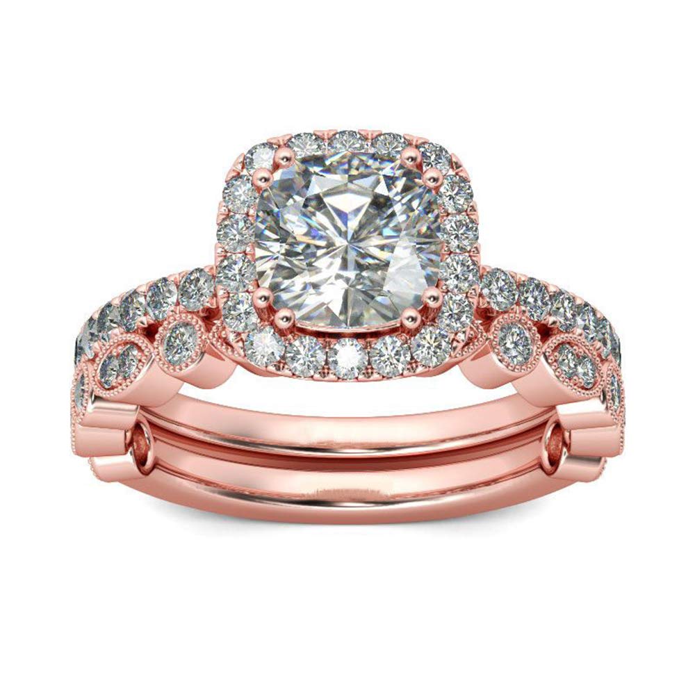Greendou Fashion Jewelry 14k Rose Gold Plated Sterling Silver Round Clear Zirconia Flower Halo Ring Set (10)