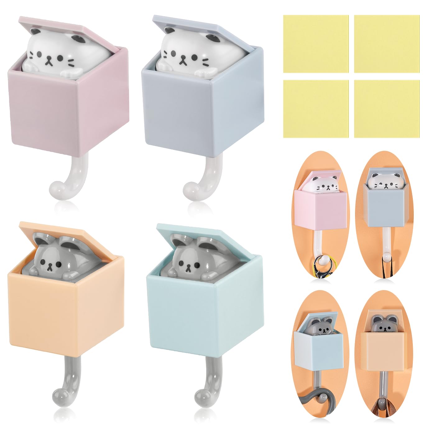 Tophoniex Cute Cat Key Hook, Sticky Coat and Hat Hook, 4 Cute Cat Key Hooks, Plastic Pet Wall Hook for Hanging Keys, Used for Coats, Jackets, Bags, Wall Decoration