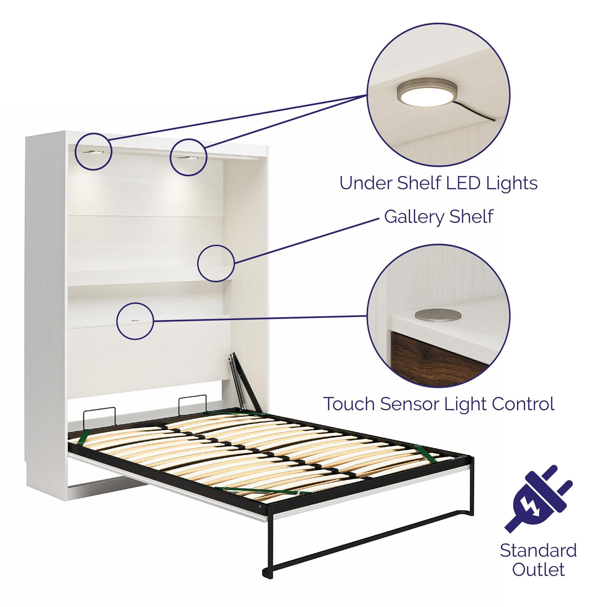 REALROOMS Radiance Queen Size Wood Fold Out Murphy Wall Bed with Gallery Shelf and Touch Sensor LED Lighting Space Saving Bedframe for Bedroom and Guest Room, White