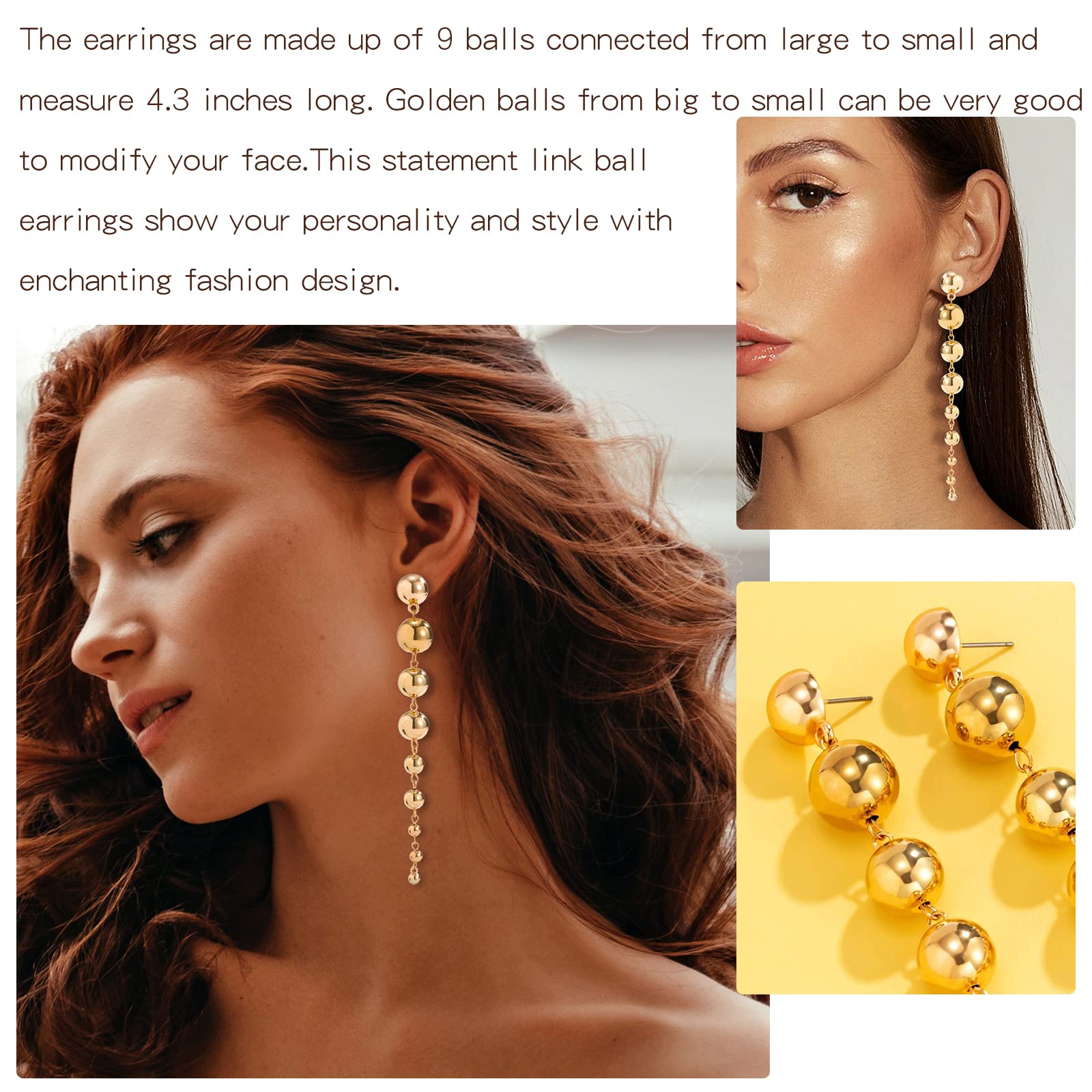 Gold Ball Dangle Earrings Link Round Ball Drop Earring for Women Statement Long Chain Ball Earrings Jewelry (Gold)
