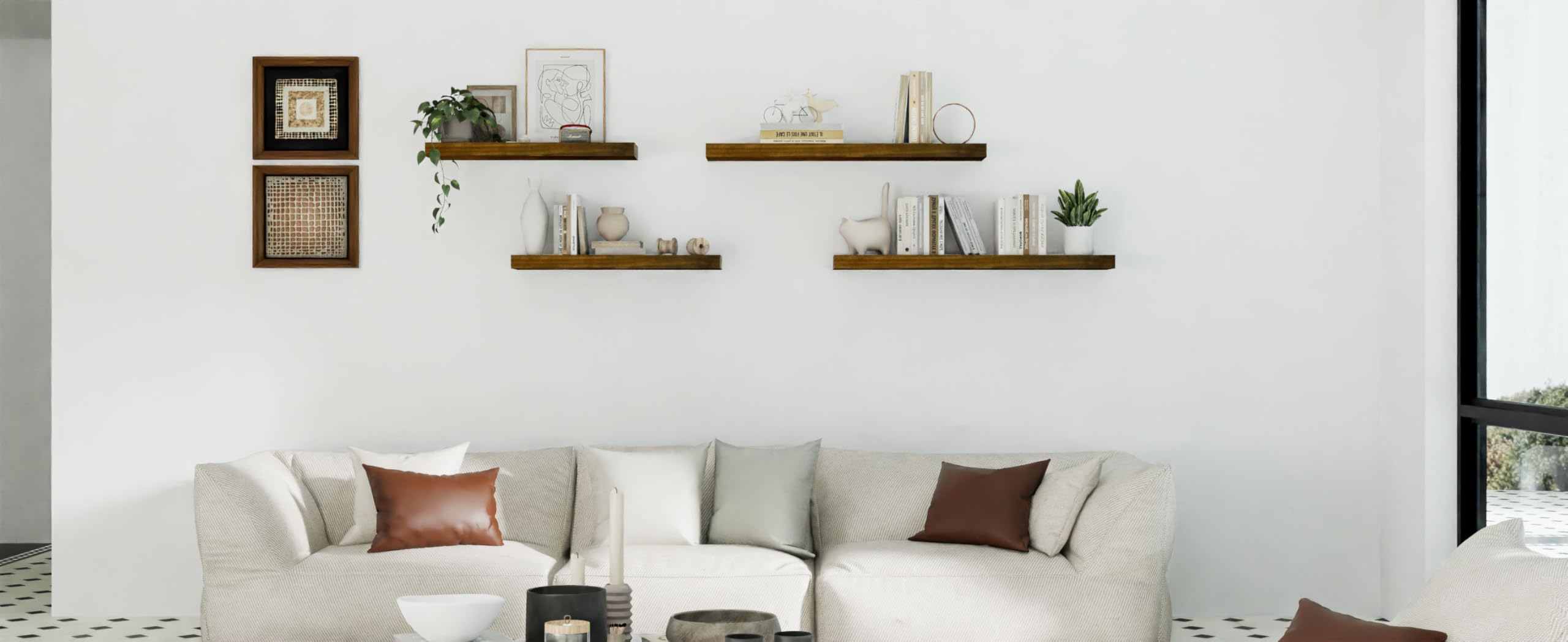 ROGMARS 36 Inches Long Walnut Floating Shelves,Rustic Solid Wood Farmhouse Wall Shelves with Invisible Brackets for Bathroom, Living Room, Bedroom, Kitchen Set of 2