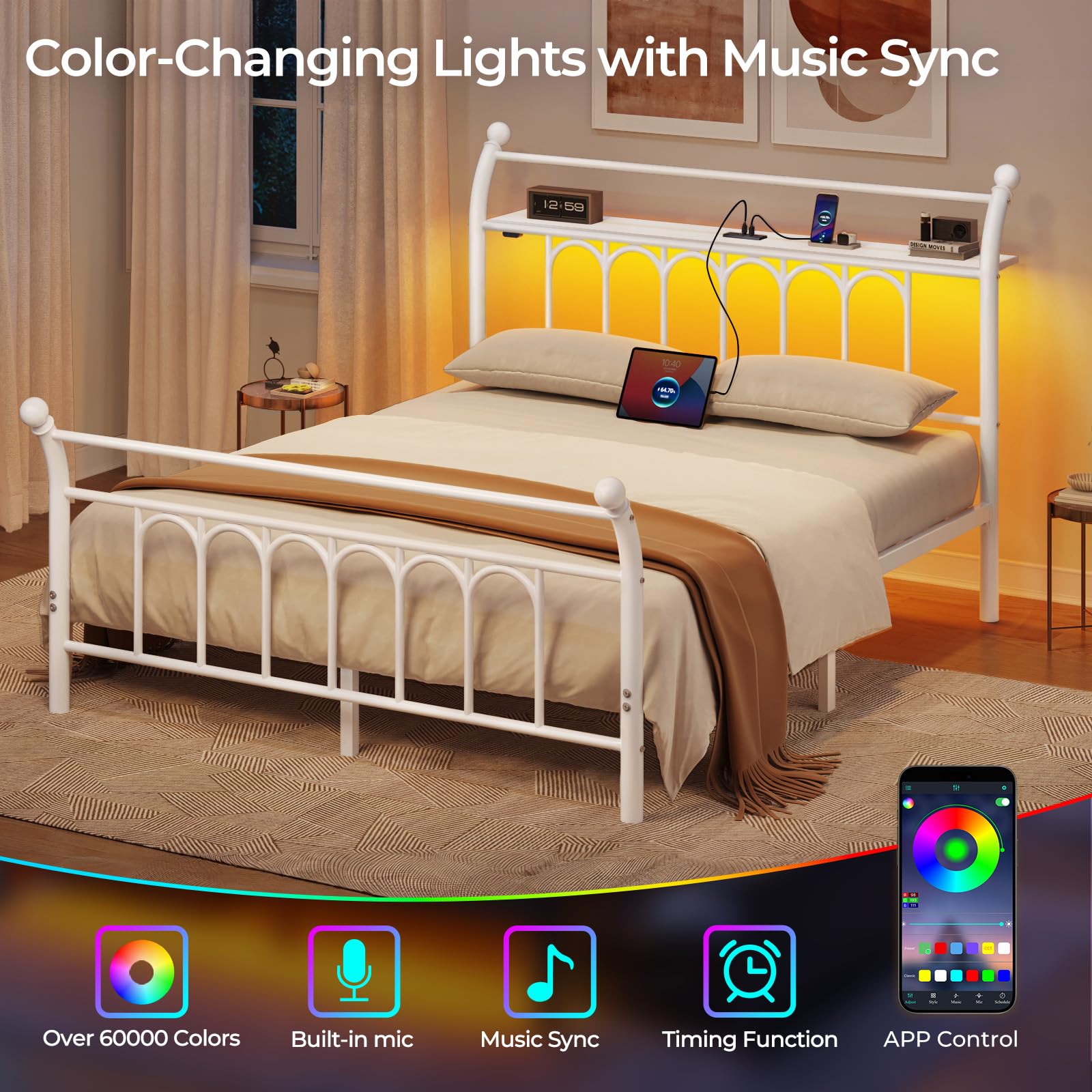 Rolanstar Queen Bed Frame with USB Charging Station, LED Bed Frame with Storage Headboard, 14 Inch Black Metal Platform Bed with Sleigh Headboard and Footboard, No Box Spring Needed, Noise Free
