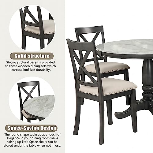 Xshelley Dining Table Set for 4, 5 Piece Dining Table Set with Faux Marble Finished Table and 4 Upholstered Chairs, Modern Dining Table Set for Kitchen Dining Room Living Room (Grey)