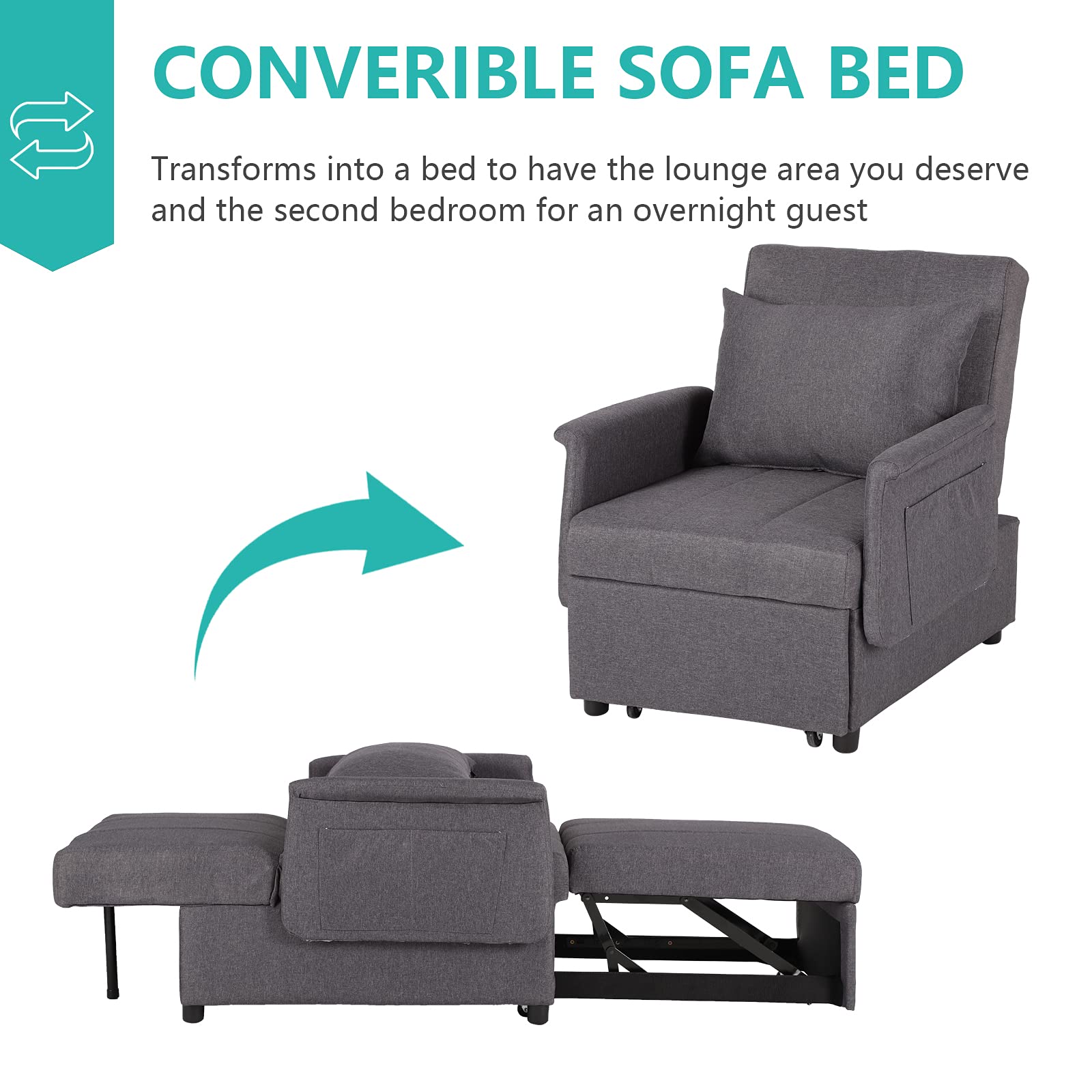 OQQOEE Sleeper Chair, 3 in 1 Chair Bed Sleeper for Adults, Pull Out Sleeper Sofa Convertible Single Lounge Chair with Pillow, Side Pockets for Living Room Small Space (Dark Grey)…