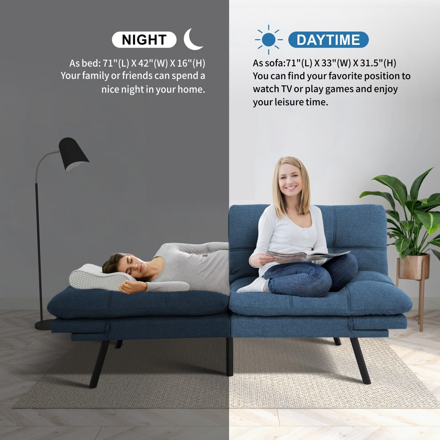 MUUEGM Futon Couch Convertible Memory Foam Sleeper Futon Sofa Bed, Adjustable Backrest Armrest Folding Futon, Modern Fabric Sofa Bed for Living Room, Apartment, Office, Small Room, 71β Blue