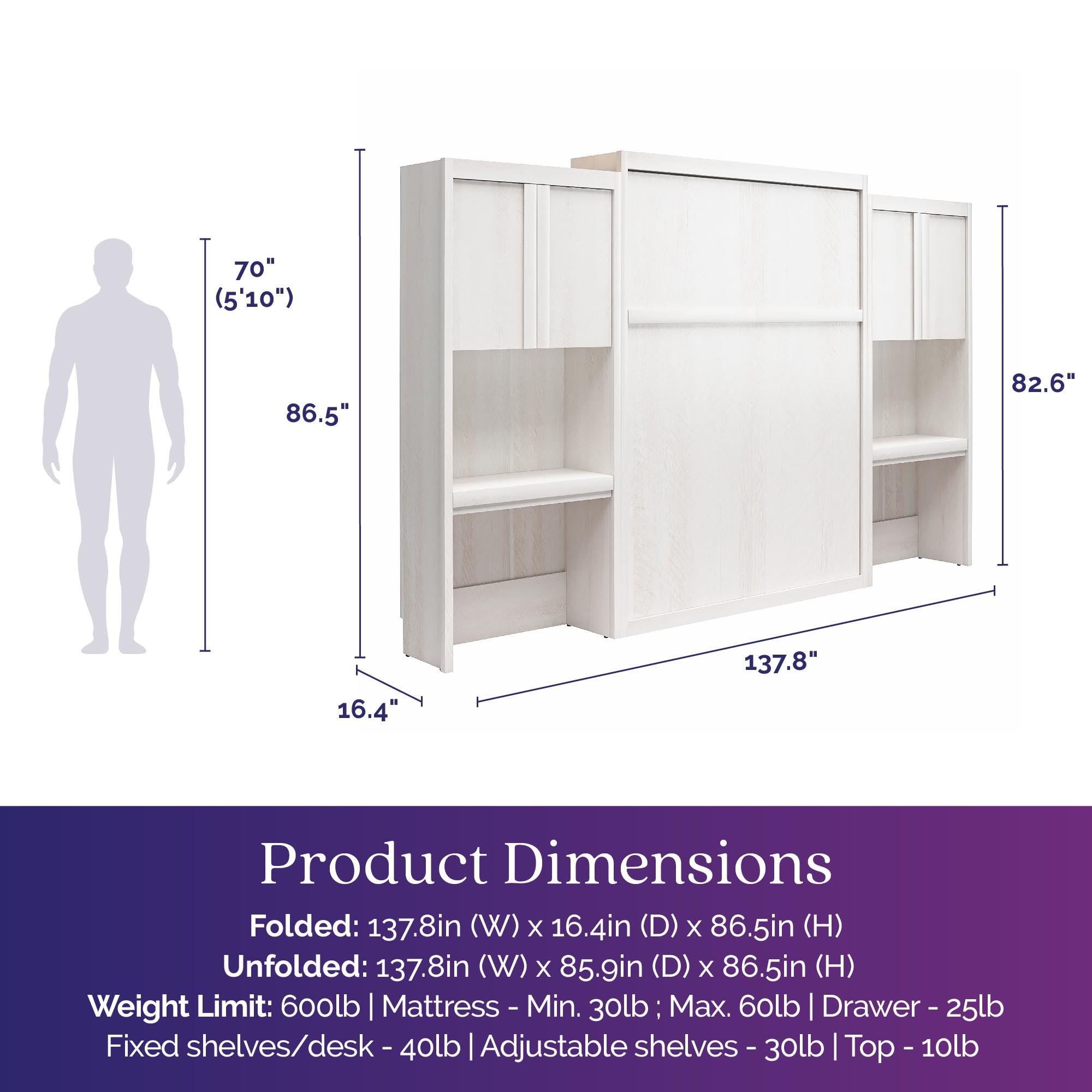 REALROOMS Halstead Multi-Functional Queen Size Fold-Out Murphy Bed with 2 Side Desk Storage Cabinets and Slide-Out Vanity Drawers for Bedroom or Guest Room, Ivory Oak
