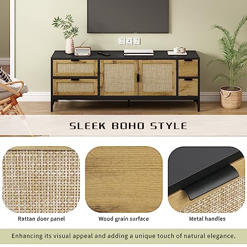 Voohek Rattan Boho TV Stand with Drawers and Adjustable Shelves, Entertainment Center w/Storage for 65 inch Television, Media Console Table for Living Room, Black