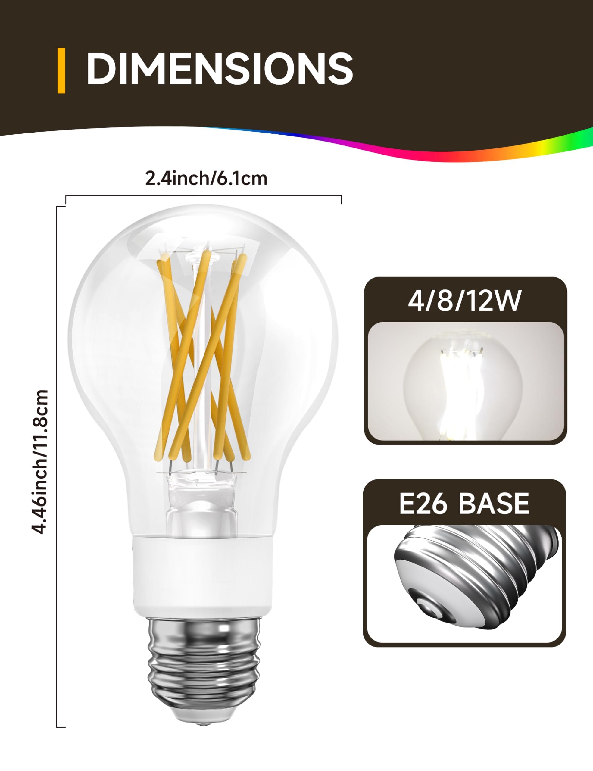 UNILAMP 3 Way Light Bulbs 50 100 150w Equivalent, Daylight White 5000K, E26 LED Filament Light Bulbs, Three Way A19 LED Light Bulb with 90+ CRI, Bright White Light Bulbs, Classic Clear Glass, 2 Pack