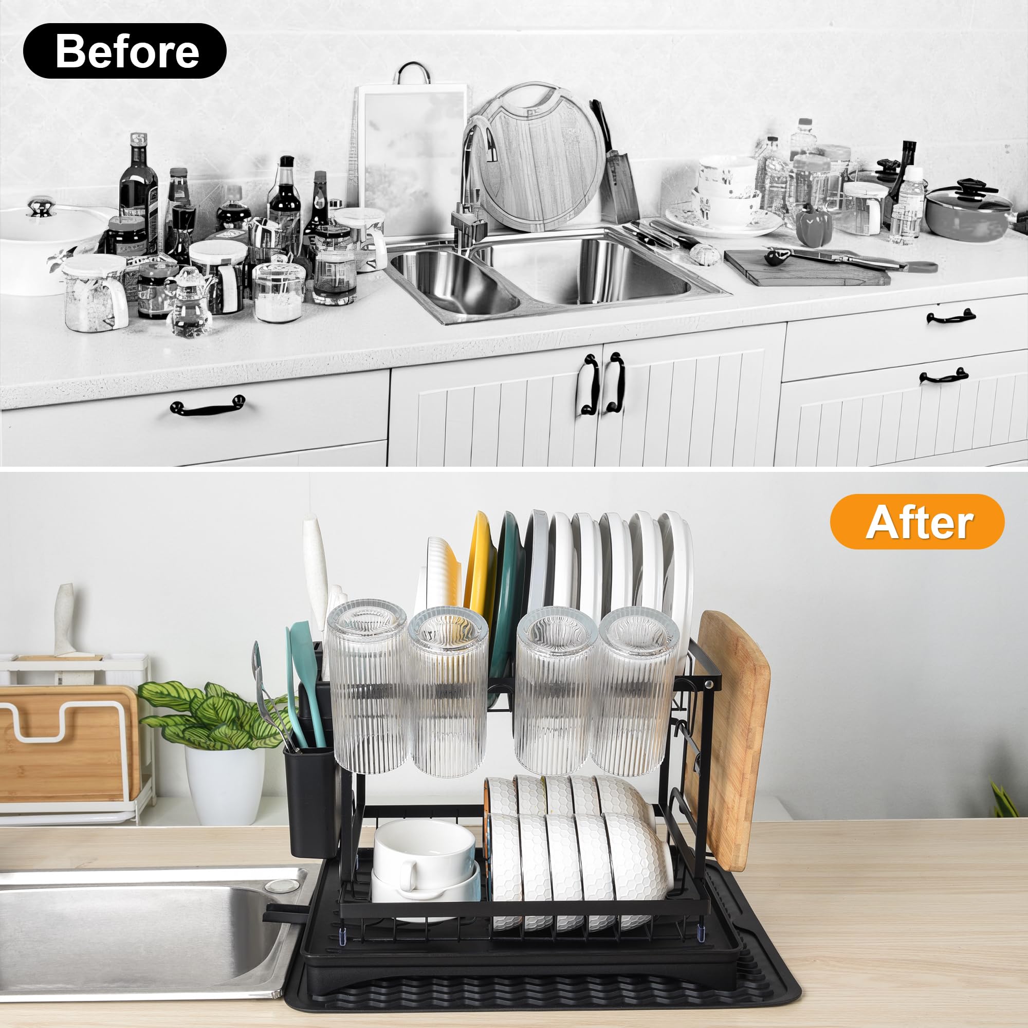 SRIVIJA 2 Tier Detachable Large Sink Dish Drying Rack Over The Kitchen Counter with Drainboard&Silicone Dish Drying Mat,Kitchen Large 2 Tier Stainless Steel Drying Rack with Dishes Drainer(Black)