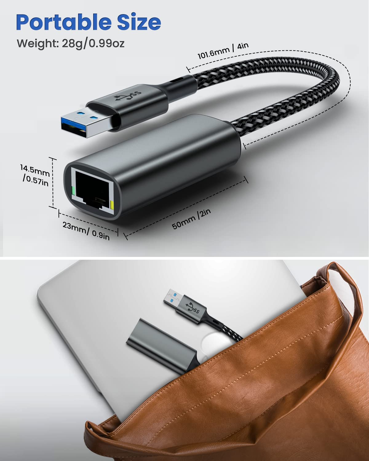 OQTIQ USB to Ethernet Adapter, Aluminum Portable USB 3.0 to Gigabit Ethernet LAN Network Adapter, RJ45 Internet Adapter Compatible with MacBook, Surface, Windows, XP, Vista, Linux and More