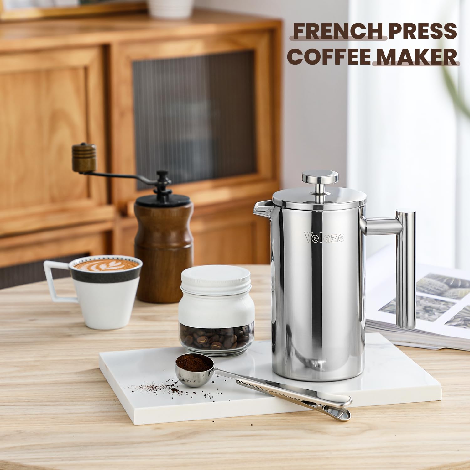 Velaze French Press Coffee Maker 34oz, Double Wall Insulated French Coffee Press Stainless Steel, 1L Coffee Maker Included 4 Extra Fliters and 1 Coffee Spoon