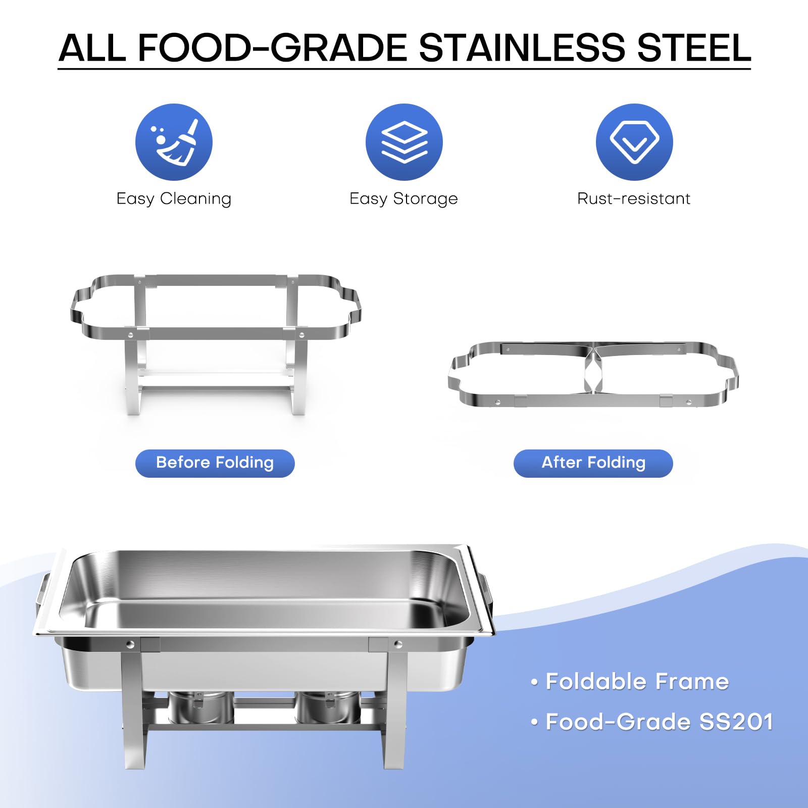 ROOMARK 2 Pack 8QT Chafing Dish Buffet Set Stainless Steel Chafer Rectangular Catering Warmer Set with Trays Pan Lid Folding Stand for Catering Party, Wedding, Birthday, Baby Shower, Outdoor Picnic
