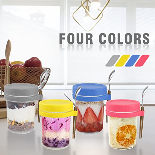 Overnight Oats Containers with Lids and Spoons,4 Pack 10 oz Overnight Oats Jars,Mason Jars with Measurement Marks for yogurt Milk Cereal Fruit Vegetable and Salad Storage Container(Pink Blue Yellow Gray)