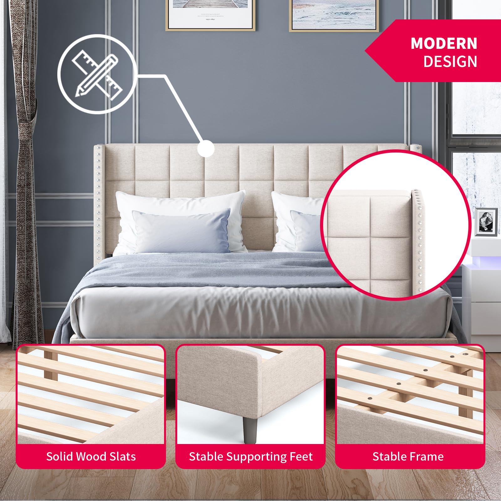 MUZZ Full Size Bed Frame with Headboard,Premium Velvet Platform Bed Frame,Wooden Bed Frame with Two Rows of Rivet Design,Light Grey