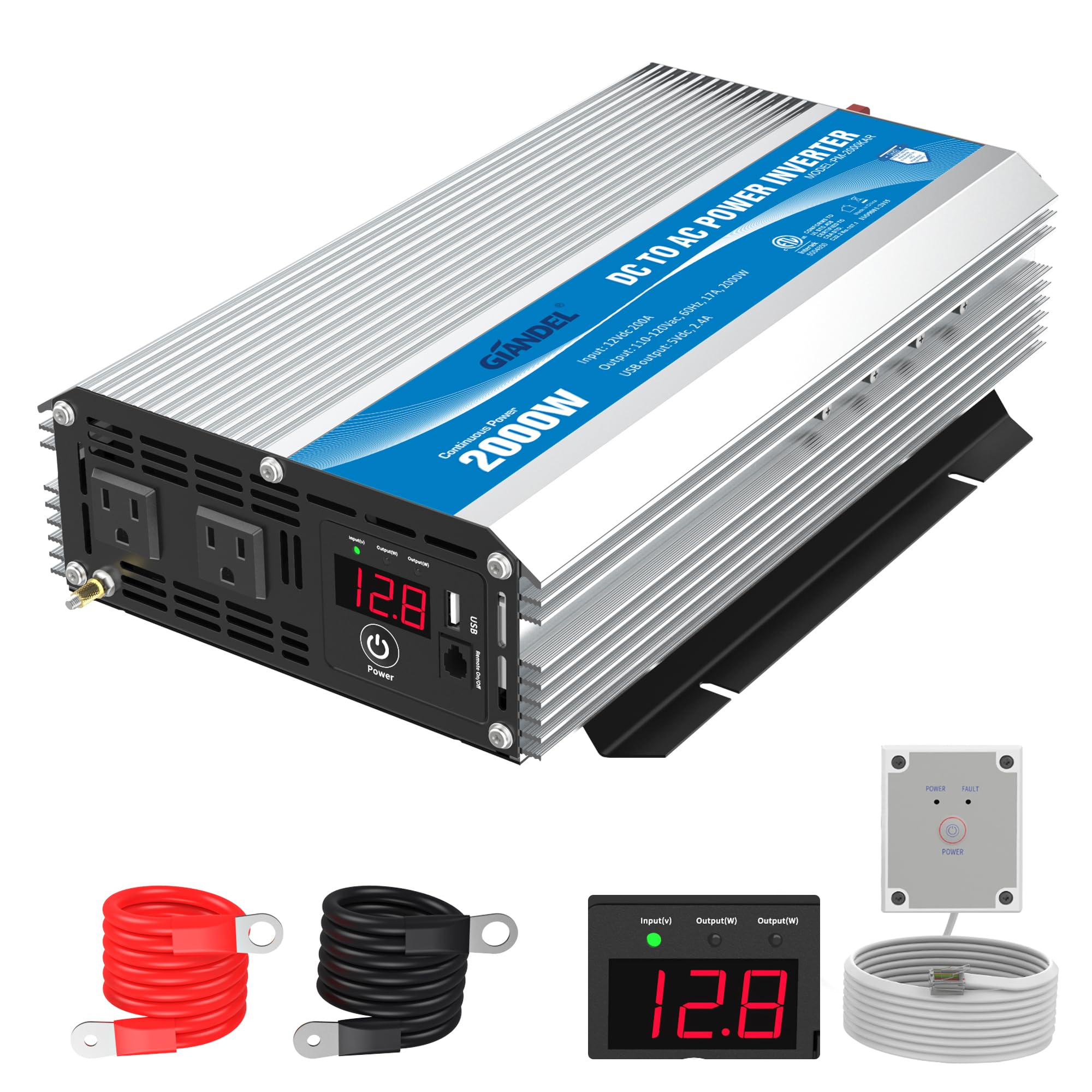 GIANDEL Power Inverter 2000 Watt ETL Listed UL458 Modified Wave Converts 12 Volt to110V 120Vac with Remote Control LED Display Dual Outlets & USB for RV Truck Trailer Marine Solar Setup Emergency