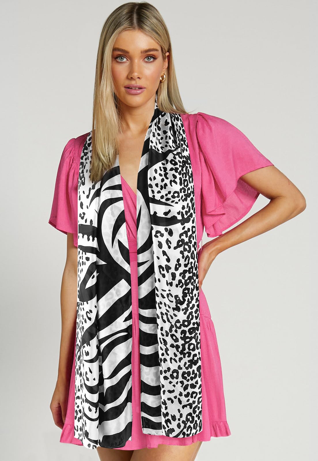 GERINLY Animal Print Shawl Wraps Zebra & Leopard Pattern Silky Scarf for Women Fashion Print Accessory (Black)