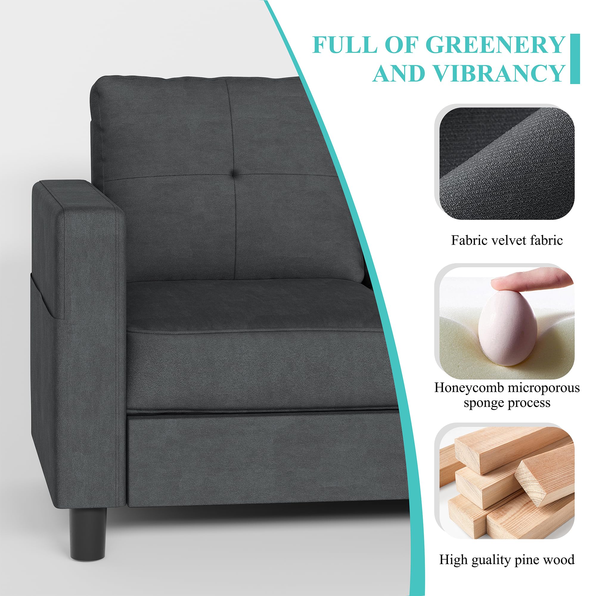 Shintenchi Convertible Sectional Sofa Couch, Modern Linen Fabric L-Shaped, 3-Seat Sofa Sectional with Storage Function Ottoman/Armrest Reversible Chaise for Living Room and Small Space (Black)
