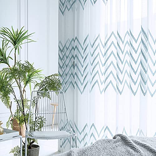 Nordic Sheer Curtains Window Treatments Rod Pocket Zig Zag Embroidery Drape for Living Dining Room Bedroom Doorway