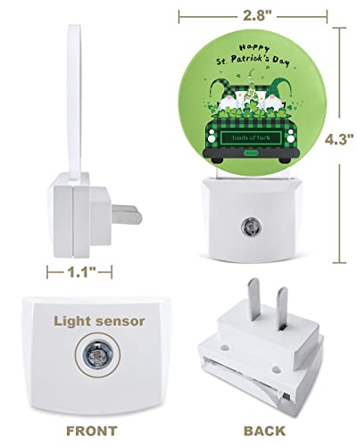 St.Patrick Day Gnomes Truck Night Lights Plug into Wall, Buffalo Plaid Green Shamrocks Auto Round LED Lights with Dusk to Dawn Sensor for Bedroom, Bathroom, Hallway, Kitchen, Kids, Home Decor