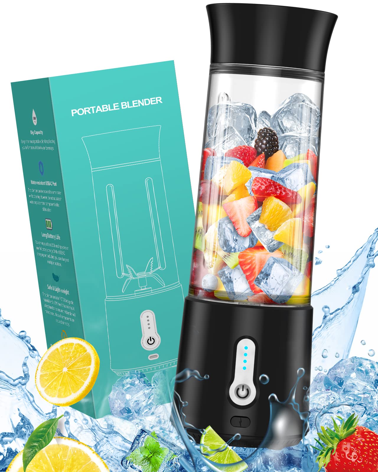 Portable Blender, Cordless Portable Blender for Shakes & Smoothies, 17oz. USB-C Rechargeable, 6 Blades, BPA Free Personal Size Blender, Portable Smoothie Blender Mini Blender for Sports/Travel/Home