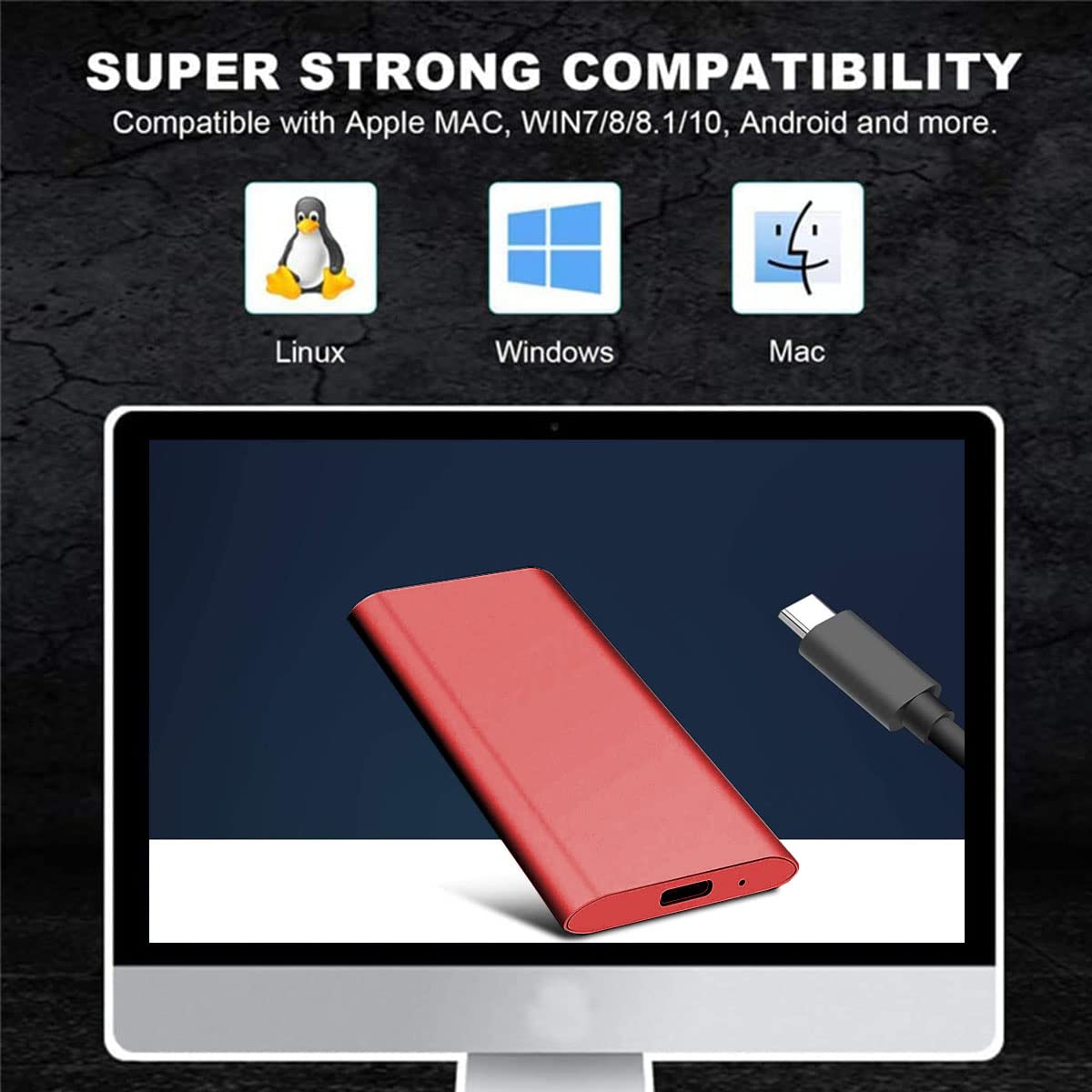 POENOWNE External Solid State Drive 2000GB high Speed USB 3.1 Type-C Protable External SSD Protable Hard Drive External SSD Compatible with PC, Laptop, Desktop and Mac (Red)