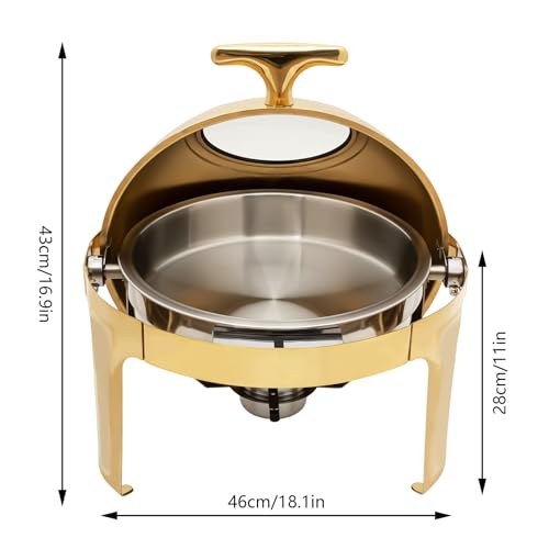 Round Chafing Dish Buffet Set, 6.4QT Stainless Steel Chafer for Catering Buffet Warmers Sets with Clear Lid, High Grade Gold Food Warmers for Parties, Wedding, banquets