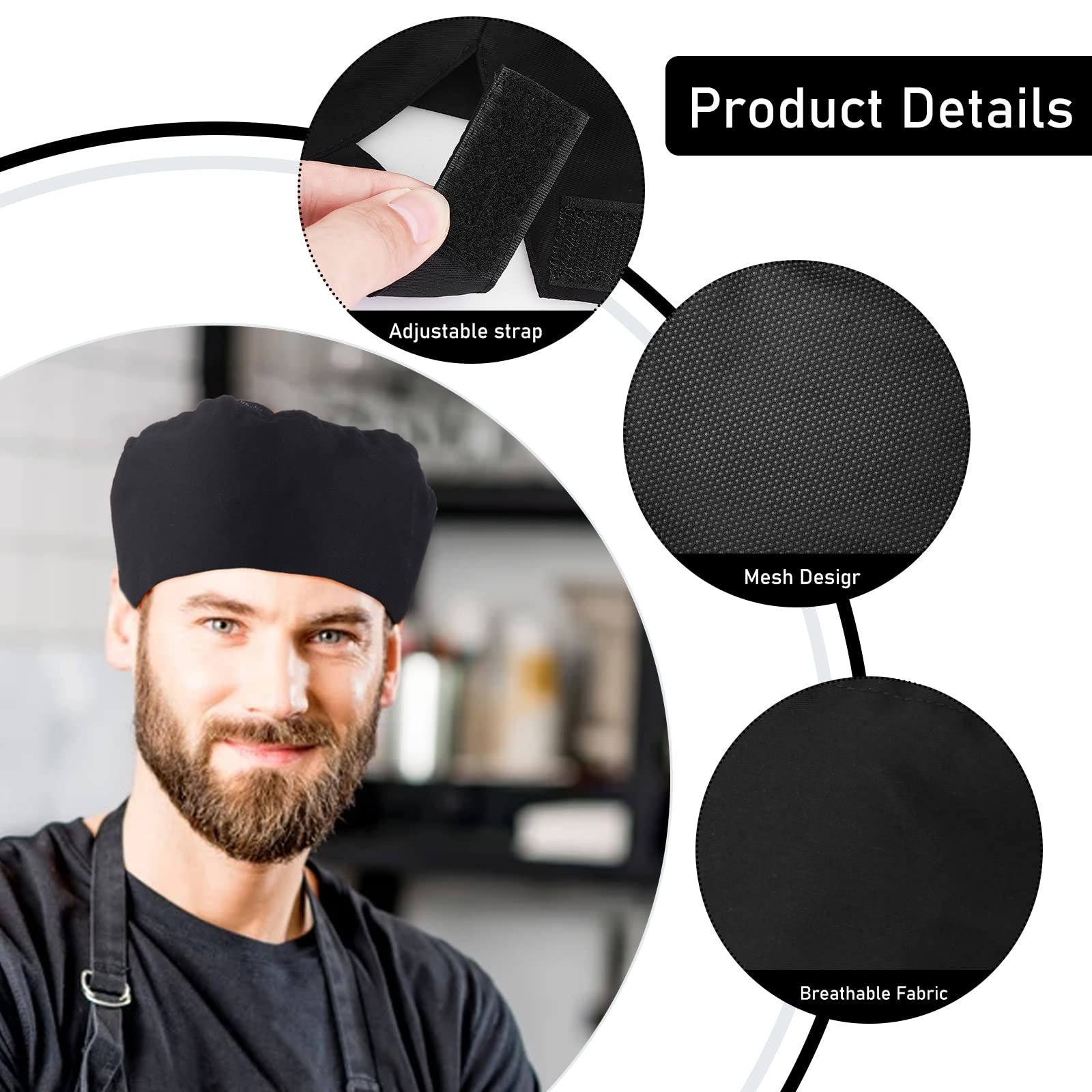 Lusofie 4 Pcs Unisex Chef Hats Adjustable Kitchen Cooking Caps with Elastic One Size Fit Most Black Breathable Mesh Top