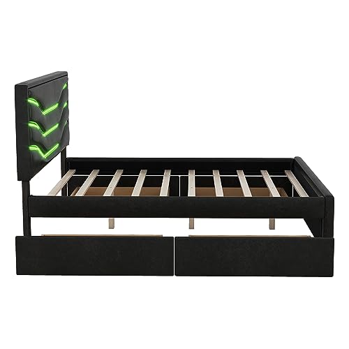 Queen Size Upholstered Storage Platform Bed with LED, 4 Drawers and USB Charging, Modern LED Bed Frame with Sturdy Wooden Slat Support for Kids Teens, Space Saving Design & Easy Assemble (Black)