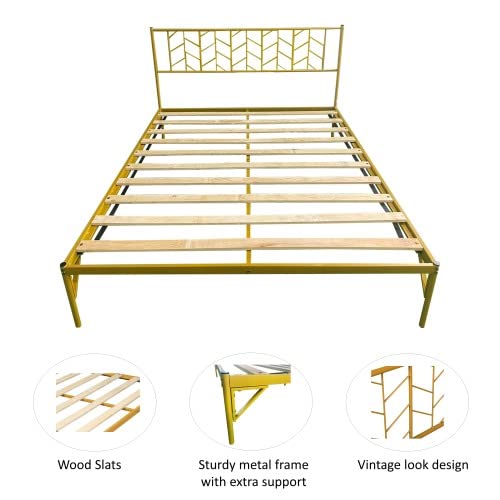 FUZOFUIZ Vintage Queen Metal Bed Frame, Modern Platform Bed Frame, Heavy Duty Platform Bed with Round Posts, Matress Foundation, No Box Spring Needed, Gold