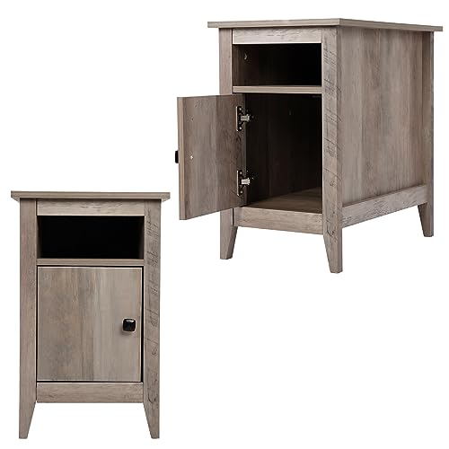 Gecheer Set of 2 Narrow Nightstand, Wooden Side Table with Open Shelf and Cabinet, Rustic End Table for Living Room, Bedroom, Grayish Brown