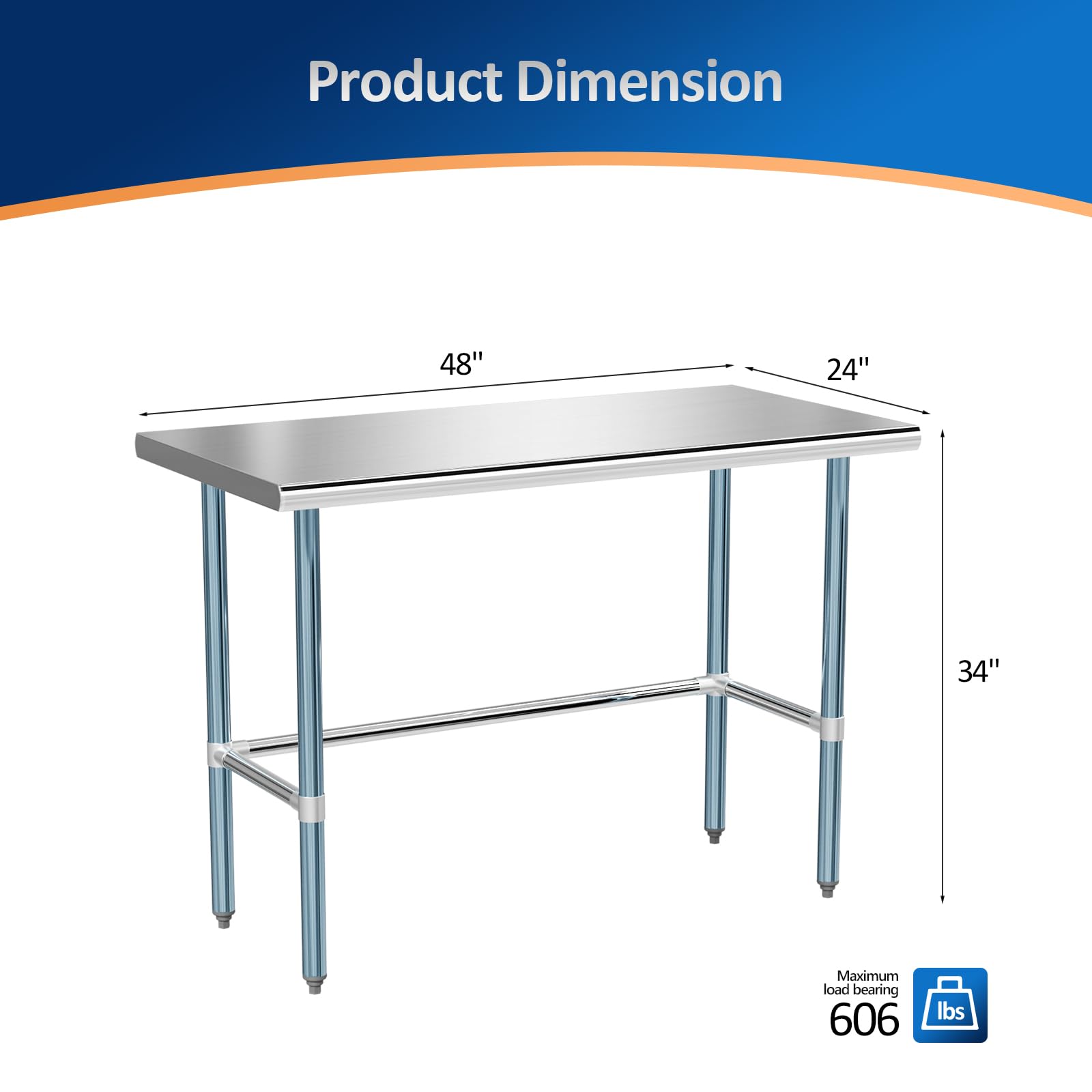 ROVSUN 60" x 24" Stainless Steel Open Base Table, NSF Commercial Metal Table, Heavy Duty Prep & Work Table with Galvanized Legs for Home Kitchen, Restaurant,Hotel, Garage, Laundry, Utility
