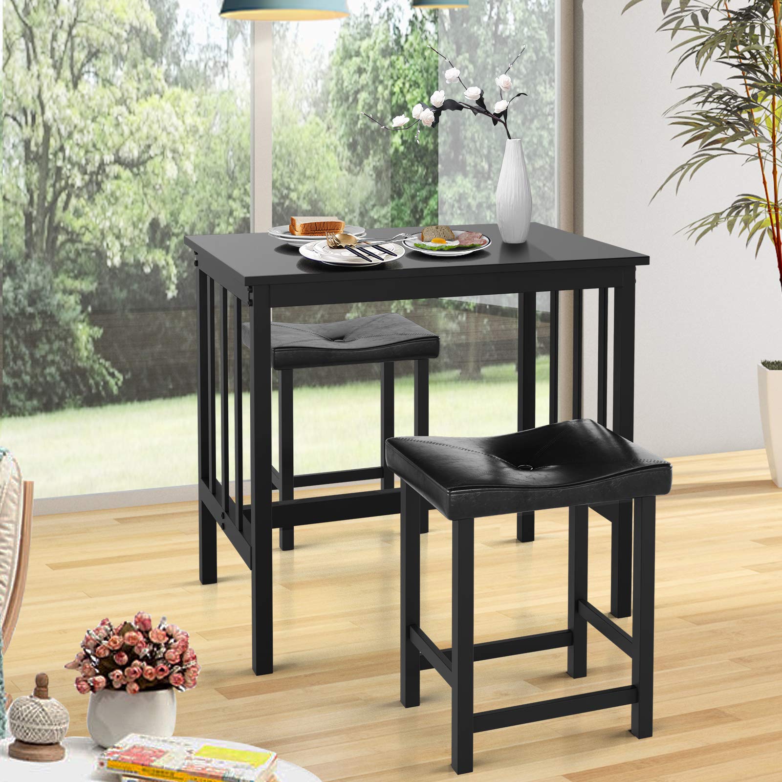 Giantex 3 piece Dining Set, Counter Height Table Set with Black Frosted Tabletop and Metal Frame for Kitchen, Bar or Apartment w/ 2 Faux Leather Backless Stools, Compact, Space-Saving Design