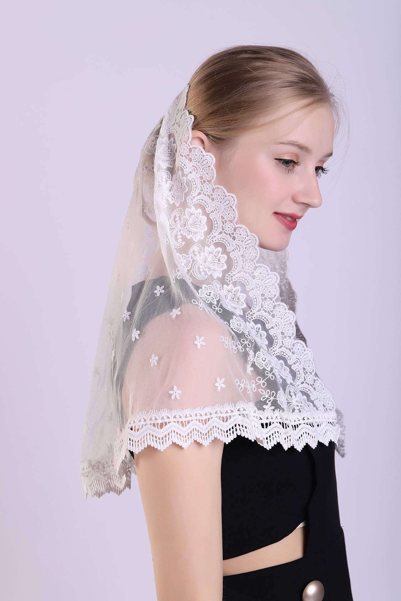 Grettytling Chapel Veil Embroidered Lace Mantilla Veil Head Covering Veils for Church,White