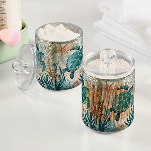 Turtles Qtip Holder Dispenser for Cotton Ball,Bathroom Organizers and Storage Containers,Plastic Jars with Lid Apothecary Jar for Cotton Swabs Pads - 2 Pack