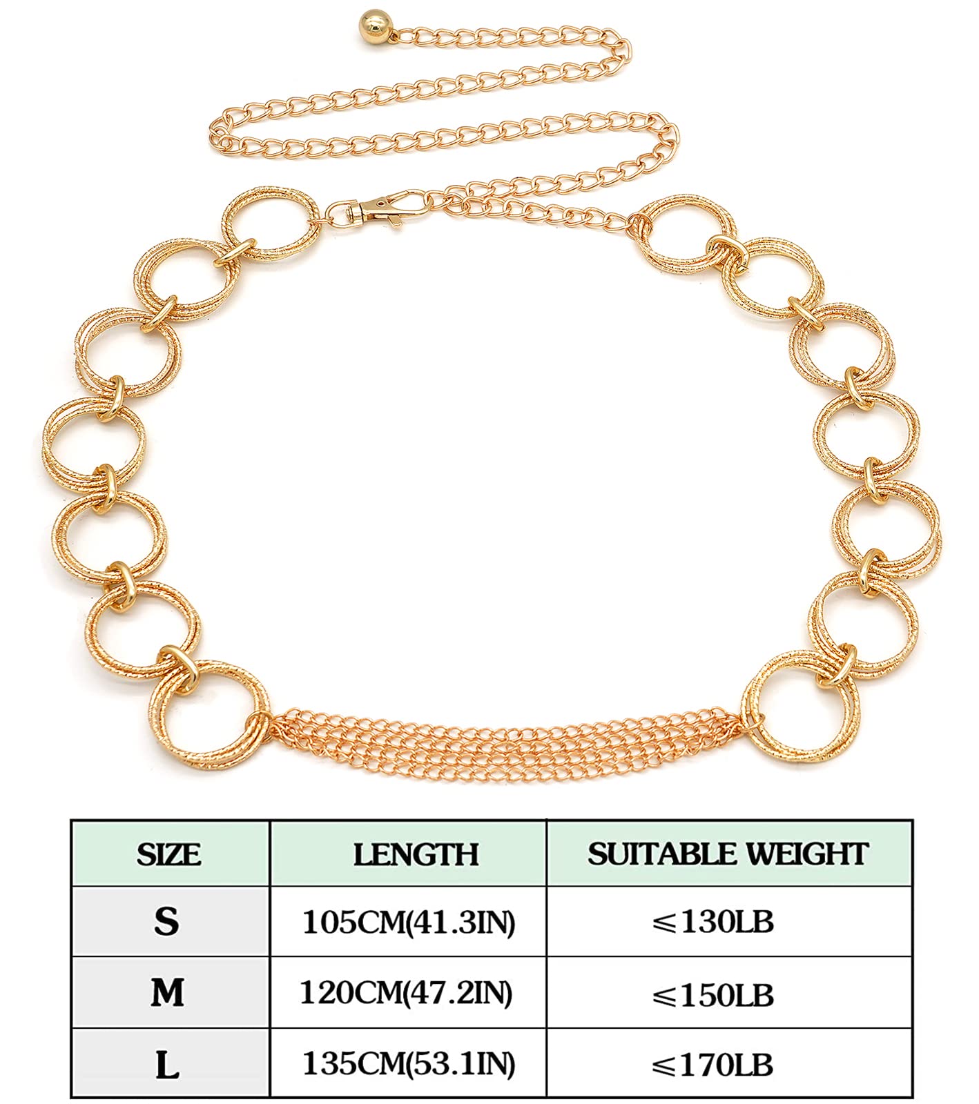 Glamorstar O-Ring Chain Belts for Women Waist Band Belt for Dress Link Chain Gift Large Circle Silver Plus Size 135CM/53.1IN