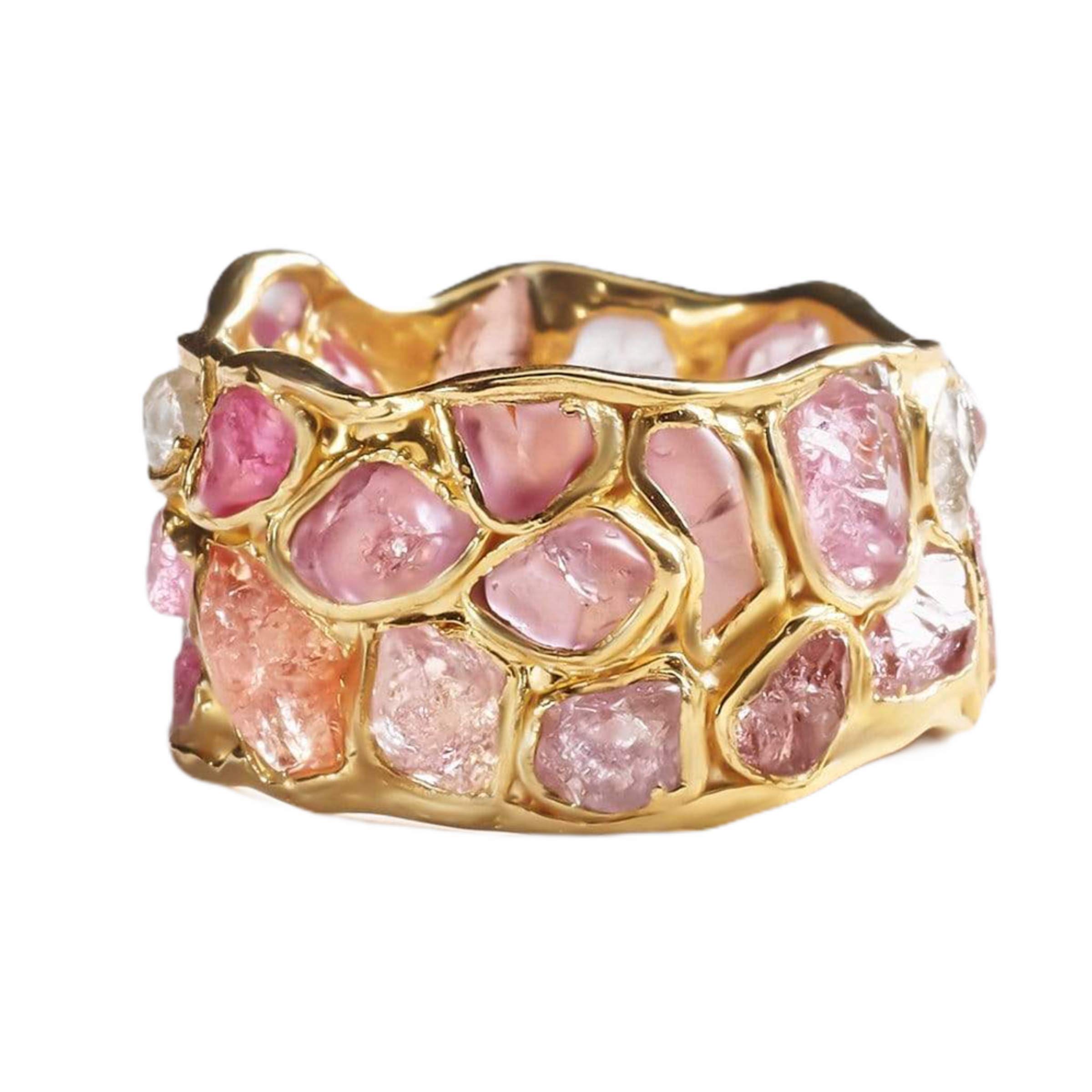 german kabirski 16 Carat Pink Spinel Handmade Barrel Ring for Women in 925 Sterling Silver with Gold Plating Size 5.5