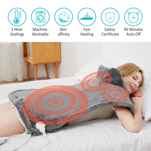 Wapaneus XL Large Heating Pad for Back & Neck,33"x24'' Wearable Electric Heated Pad- Heat Therapy Muscle Pain and Cramps Relief,with 3 Temperature Settings, Auto Shut-Off Machine Washable, Gray