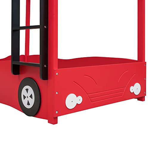 OYN Twin Over Twin Car-Shaped Bunk Bed Frame with Wheels for Children Teens Boys and Girls, Red