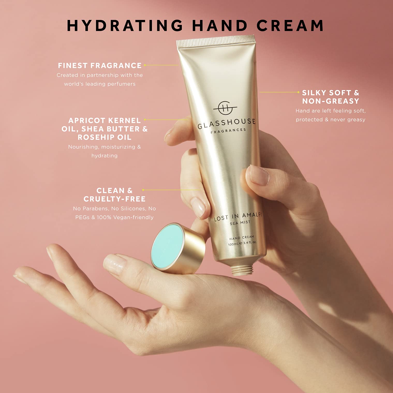 Glasshouse Fragrances Montego Bay Rhythm Hand Cream, Rich in Shea Butter & Rosehip Oil, Moisturizing & Perfume Scented, Coconut & Lime, 3.4 Fl Oz (100mL)