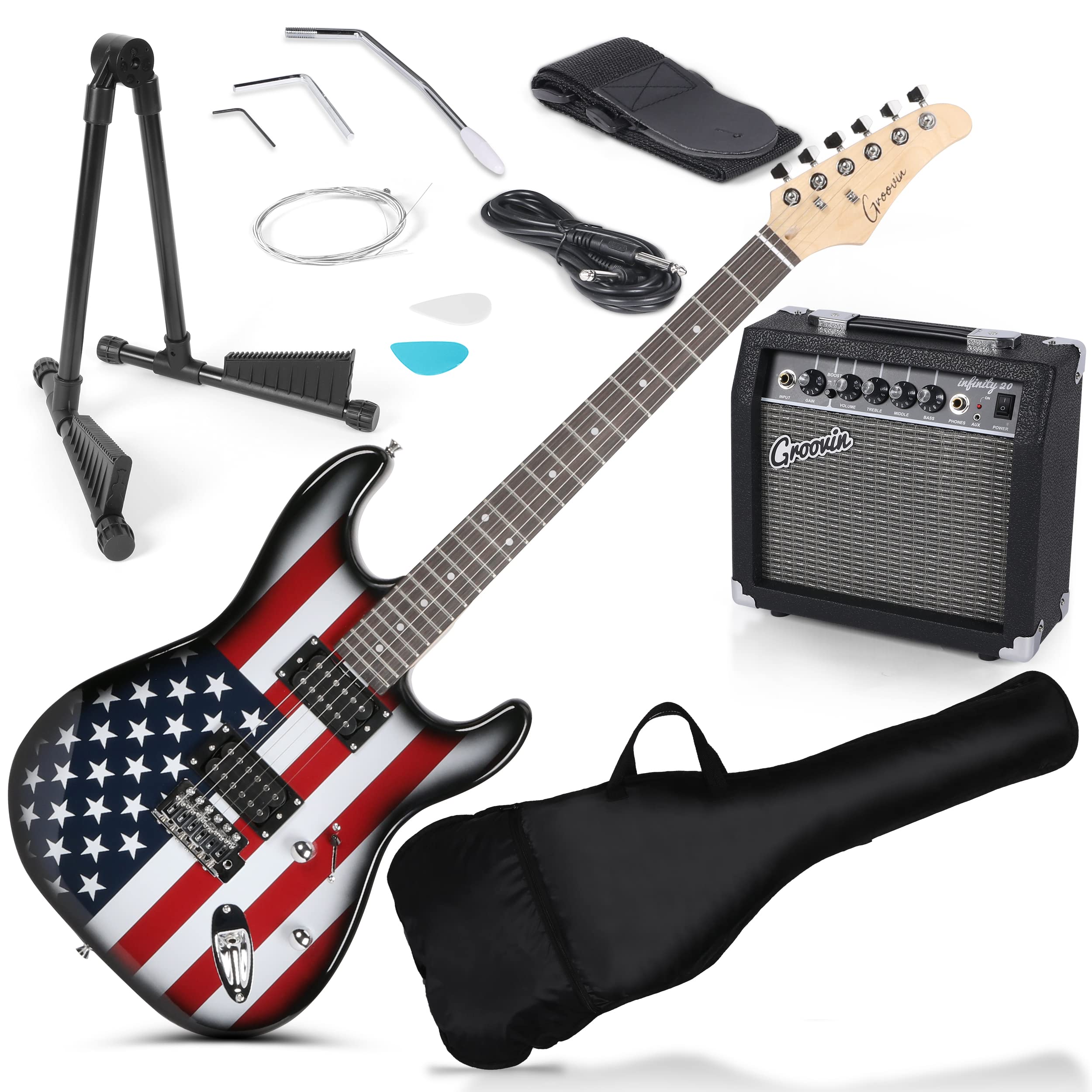 GROOVIN 39” Electric Guitar Beginner Kit with 20W Eletric Guitar Amplifier, For Kids & Adults, Shoulder Strap, 6 Strings, 1 Guitar Pick, Waterproof Oxford Material Bag, Guitar Stand, American Style