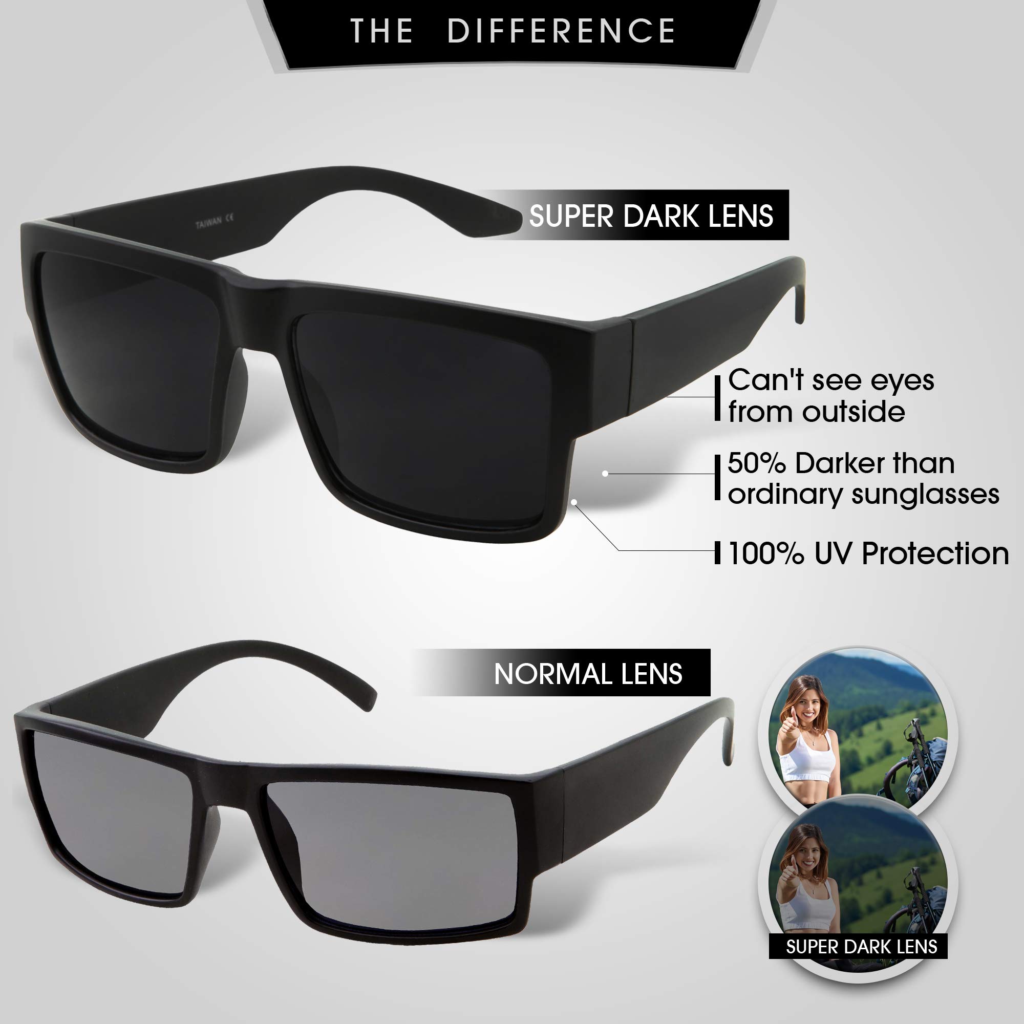 grinderPUNCH Square Black Super Dark Sunglasses | Men Women | Stylish Modern Model Gangster (Matte Black)