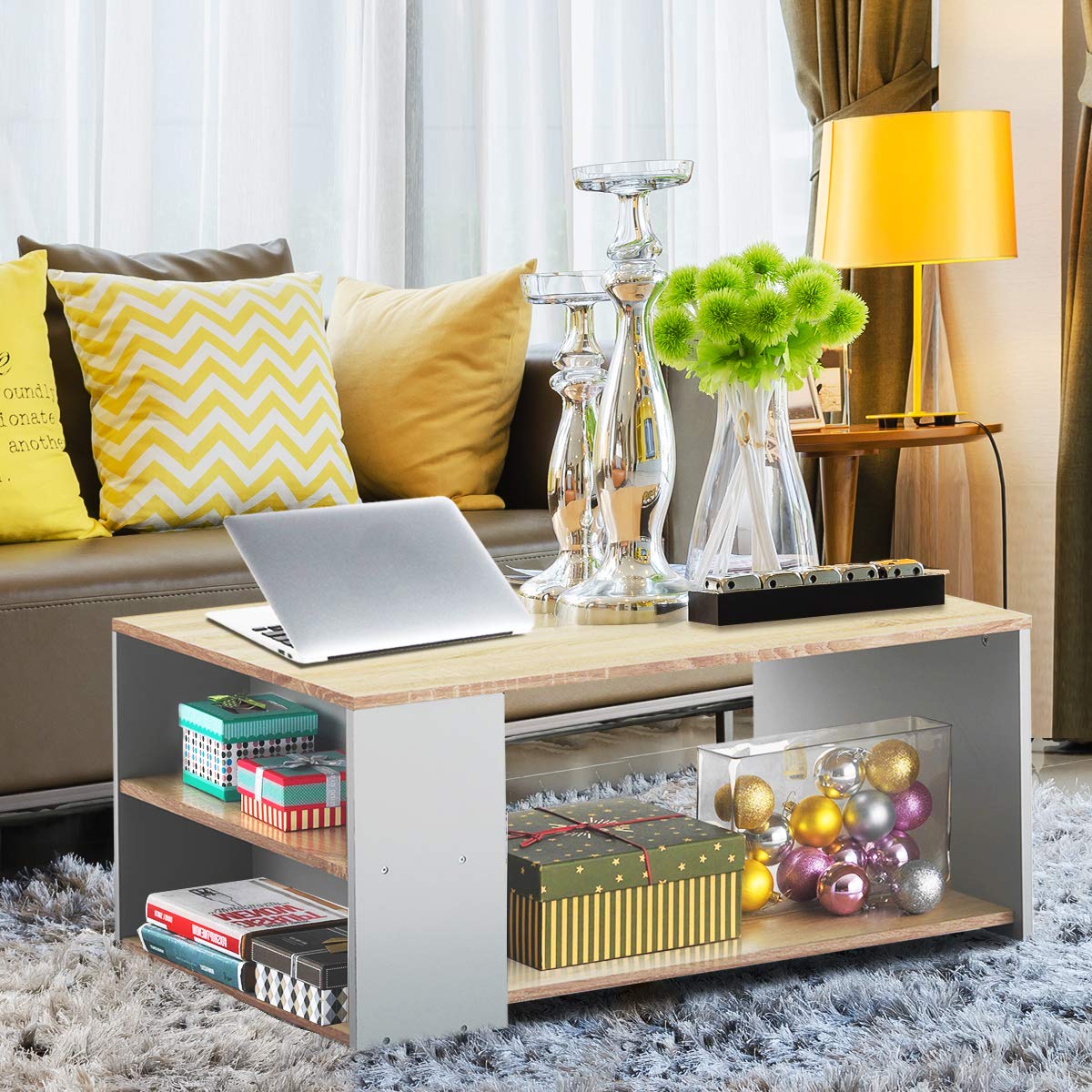Giantex Coffee Table W/Three Storage Shelf, Sturdy and Durable Construction, Smooth Surface & Extra Storage Space, Ideal for Office and Living Room Tea Snack Table (Natural)