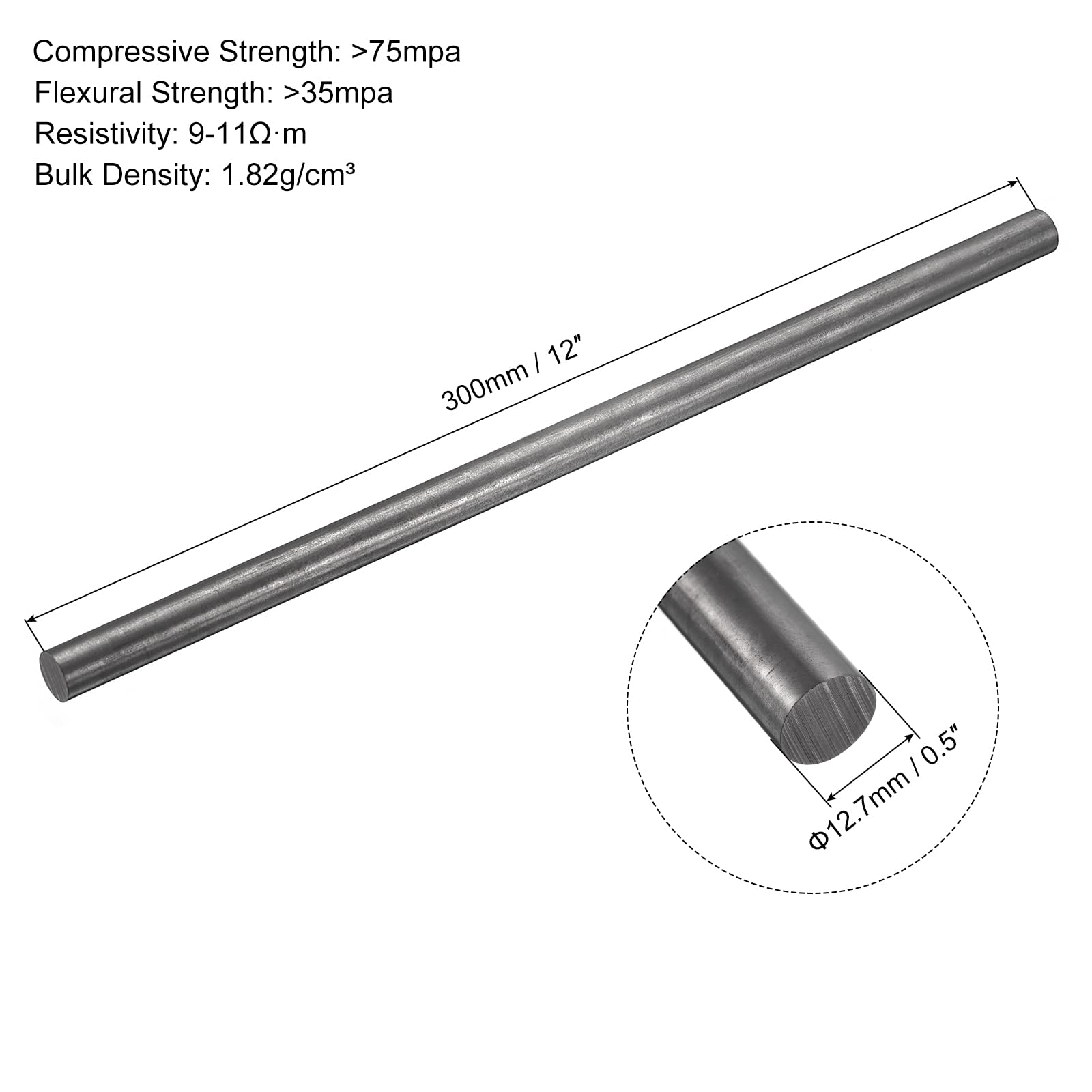 PATIKIL Graphite Rod Graphite Stirring Rod Cylinder Stick Carbon Rod 300x12.7mm Black for Electrode, Melting Casting, Crucibles, Pack of 2