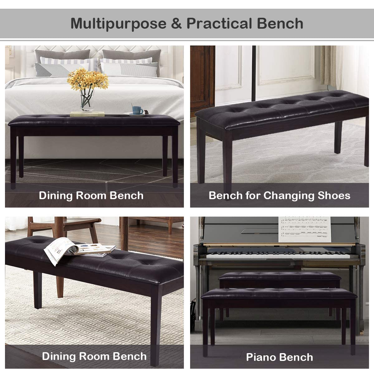 Giantex Dining Room Bench, Traditional Upholstered Table Benches, Hallway PU Leather Bench Entryway Bench, Bedroom Bench for End of Bed, Ottoman Bench (Grey)