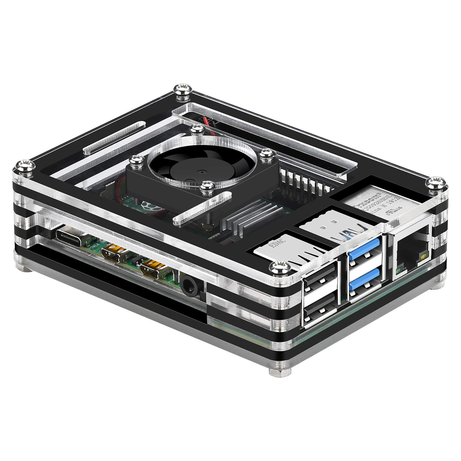 GeeekPi Acrylic Case for Raspberry Pi 4 Model B, Pi 4 Case with Cooling Fan and Heatsinks for Raspberry Pi 4 Model B(Only for Pi 4) (Black and Clear)